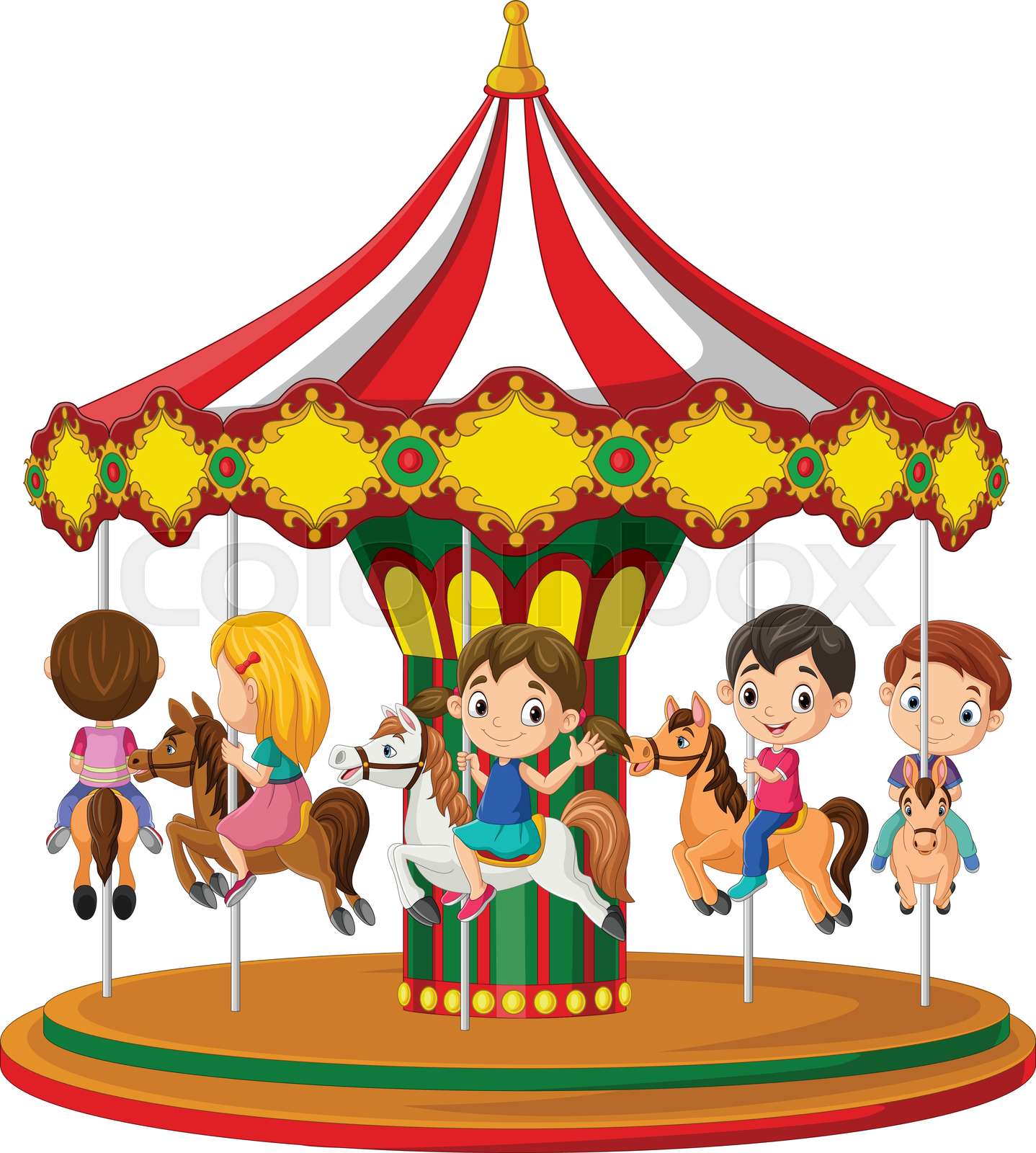 Cartoon little children on the carousel with horses | Stock vector ...