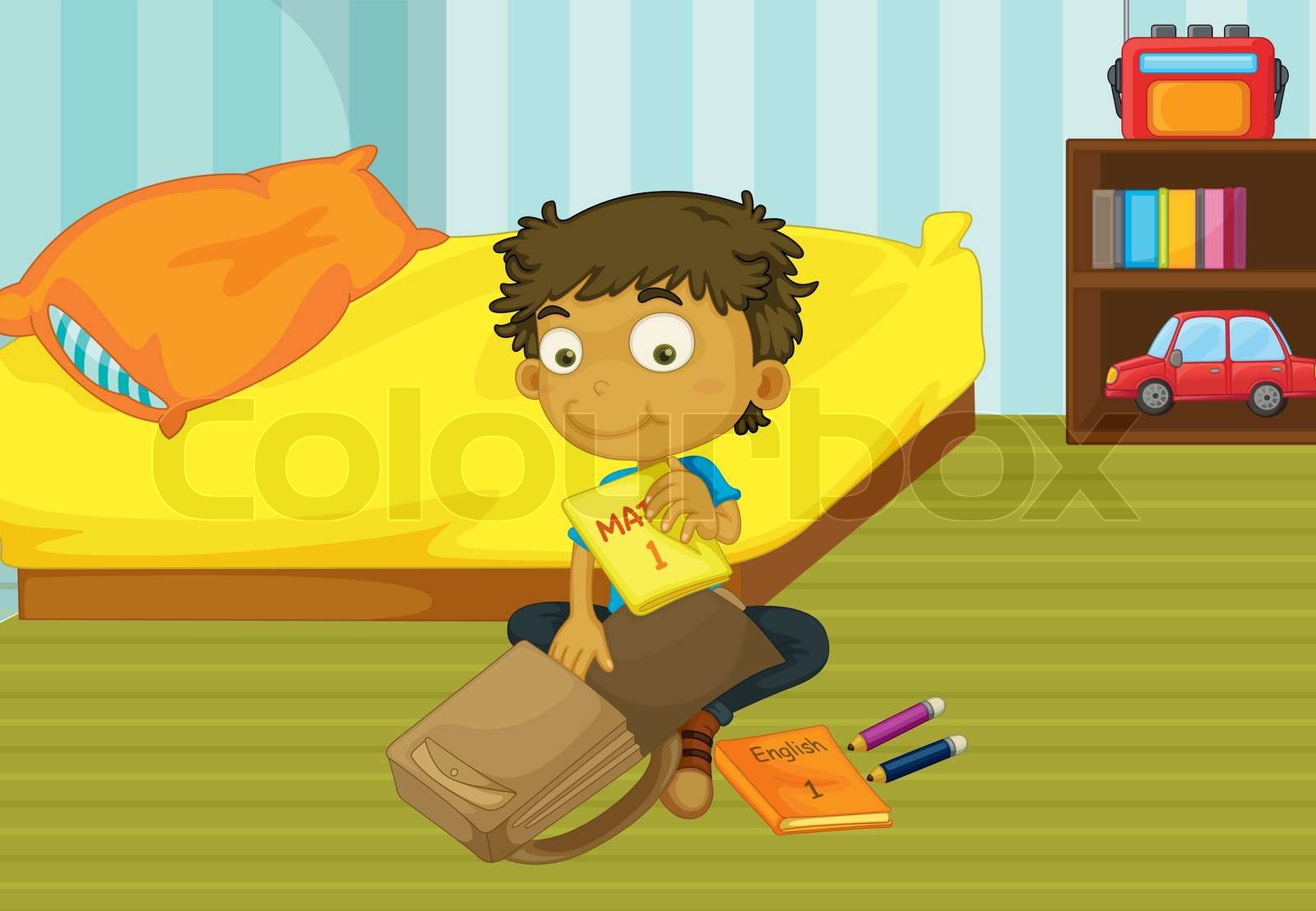 Boy packing his bag | Stock vector | Colourbox