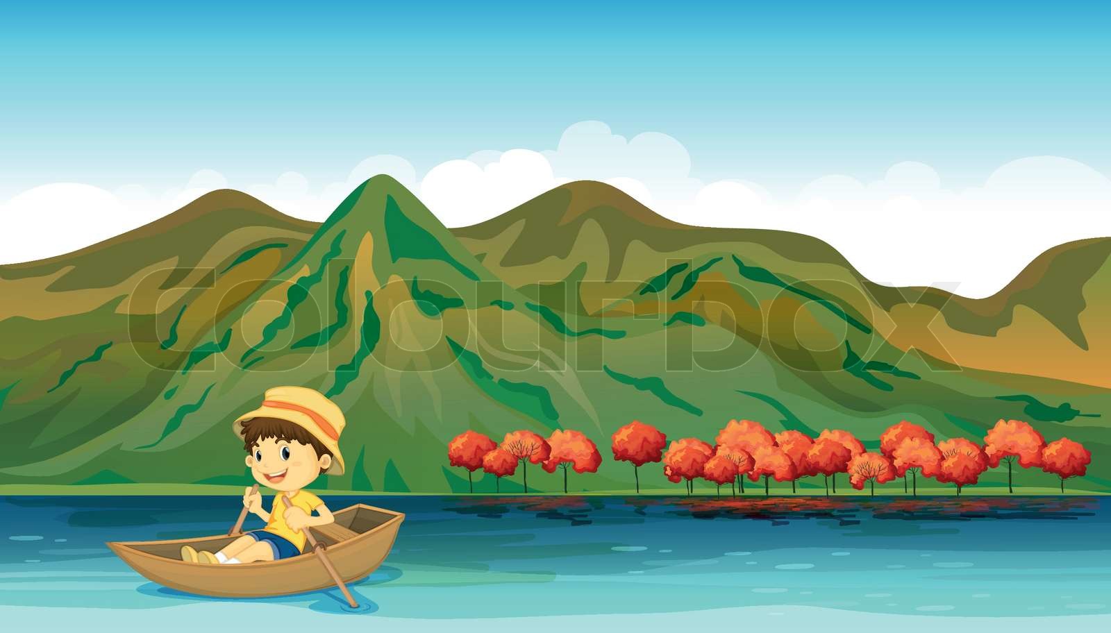 A river and a smiling boy in a boat | Stock vector | Colourbox