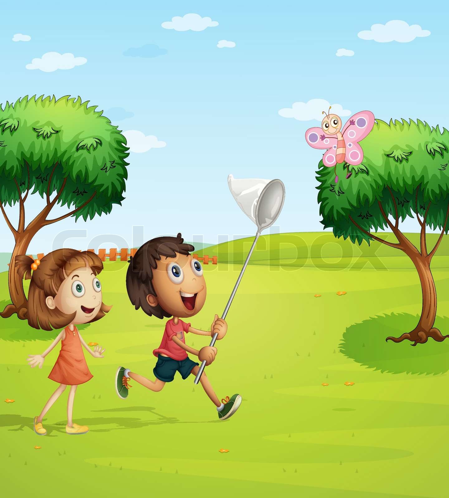 Kids trying to catch a butterfly | Stock vector | Colourbox