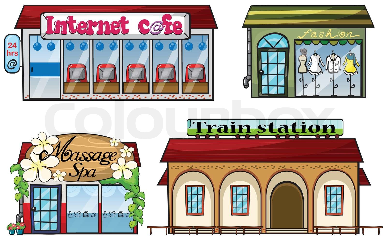 Various shops and a train station | Stock vector | Colourbox