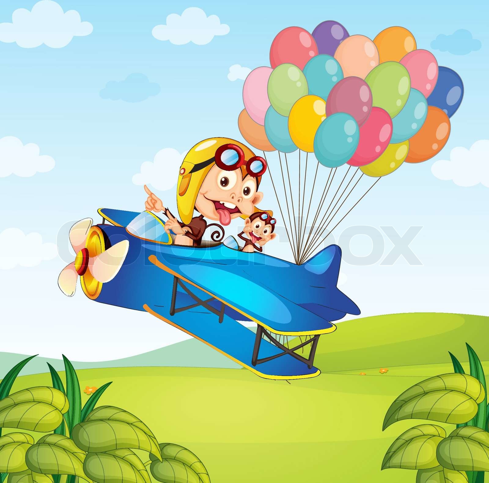 Kids on the plane with balloons | Stock vector | Colourbox