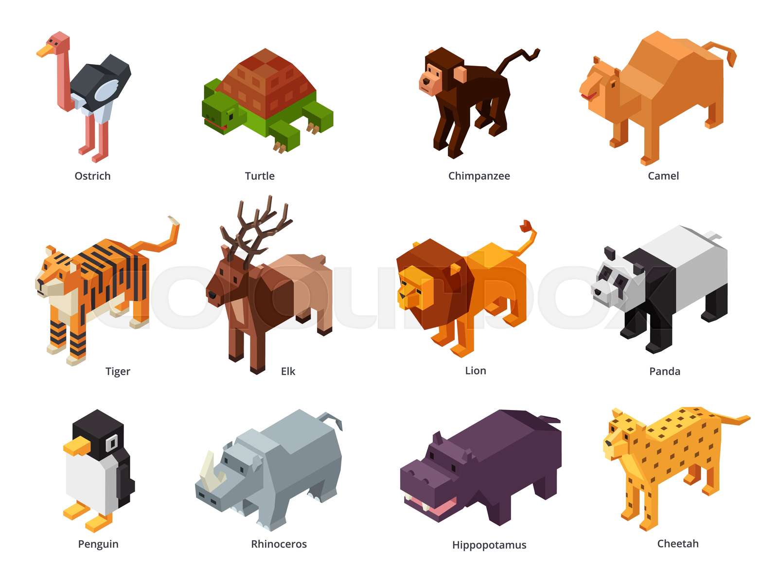 Isometric zoo animals. Low poly panda, penguin toy and tiger ...