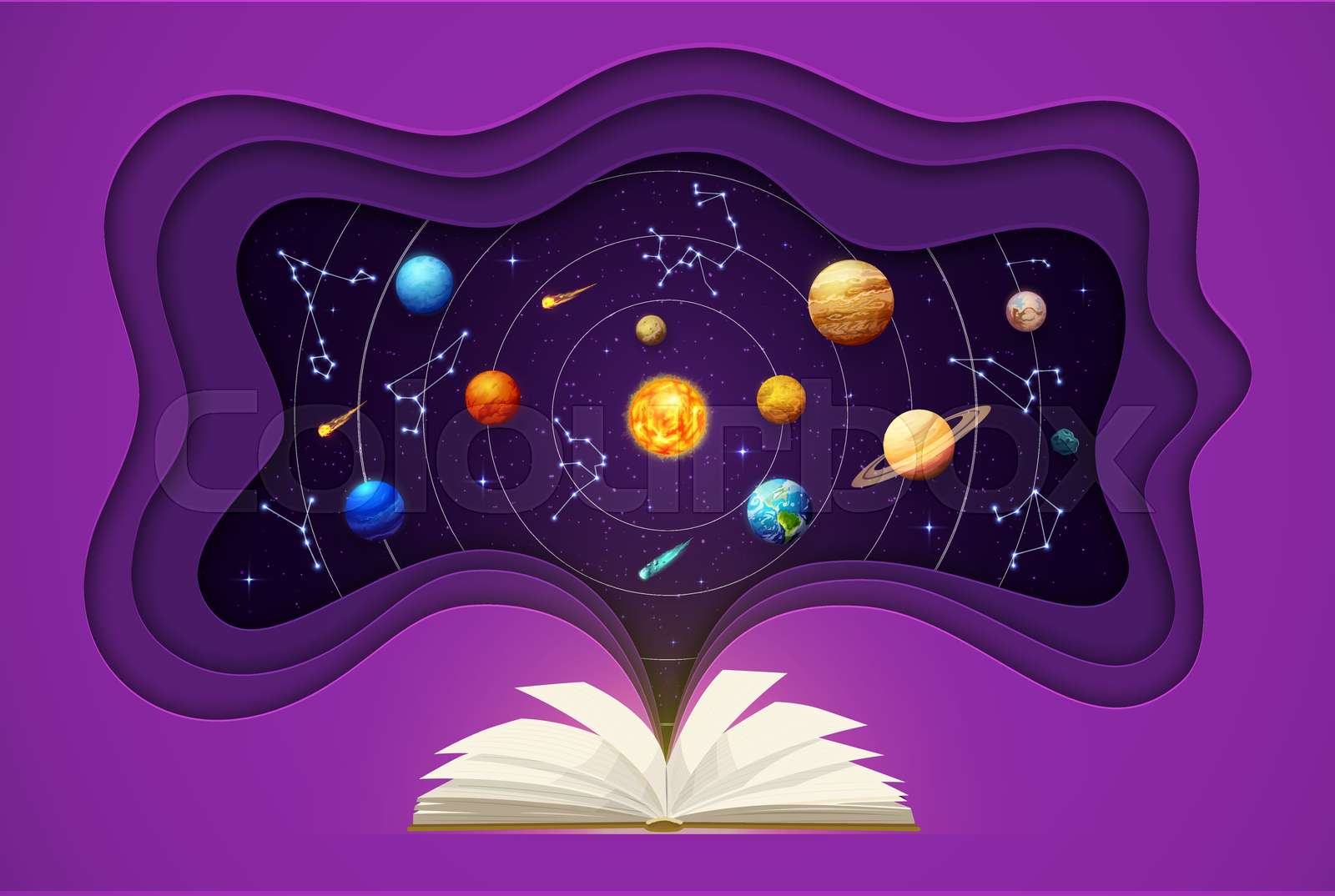 Space paper cut with book, solar system planets | Stock vector | Colourbox