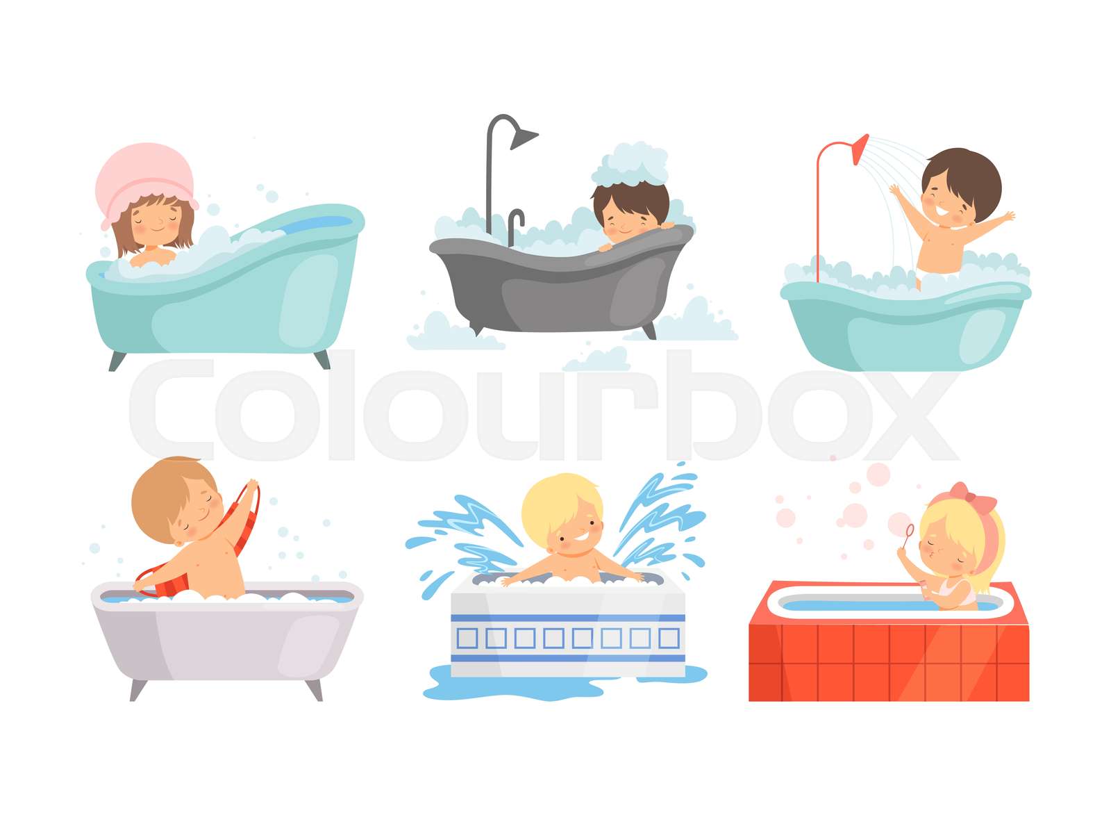 Cute kids taking bath set. Happy boys and girls sitting in bathtub with soap bubbles cartoon ...