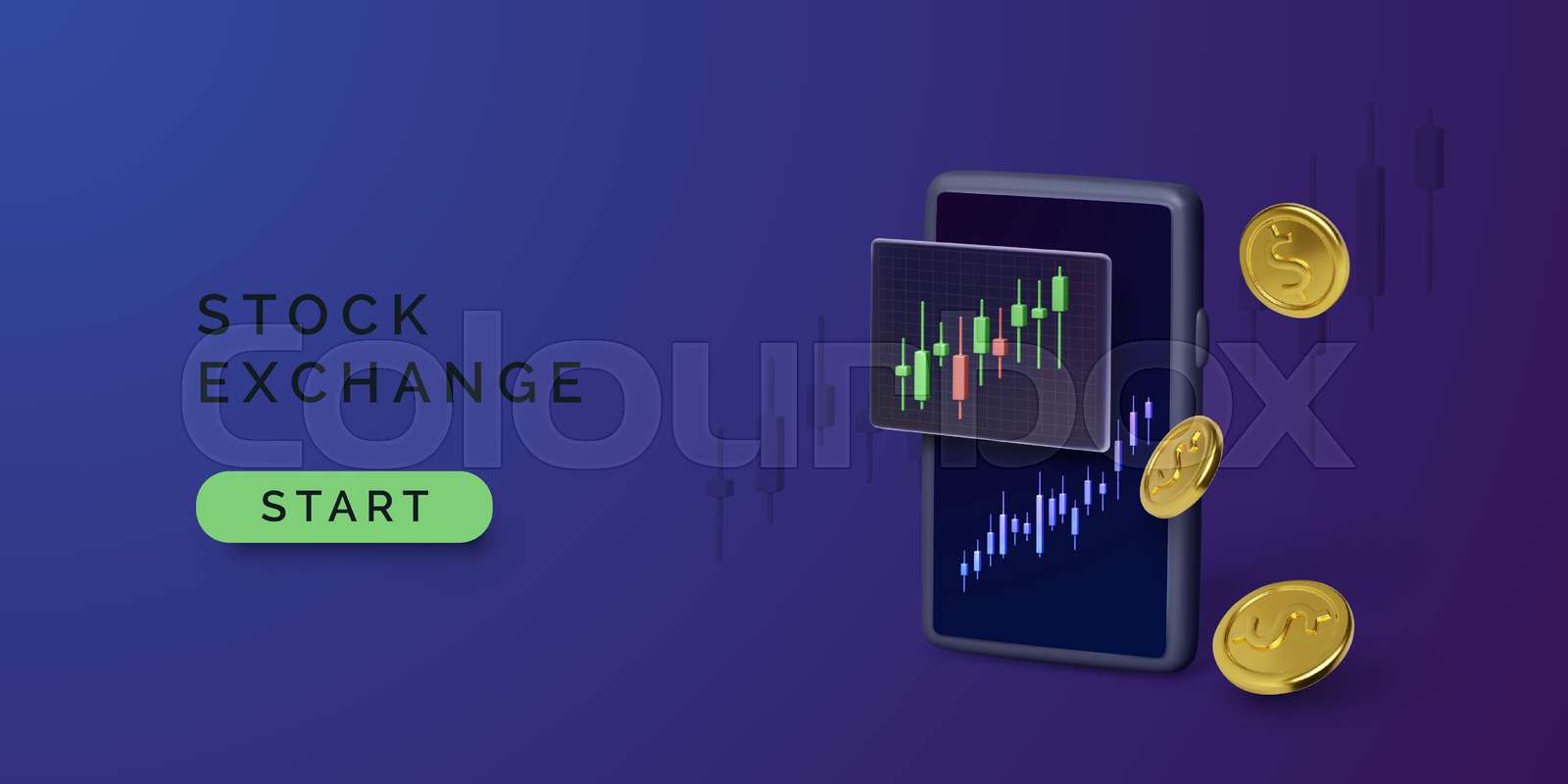 Smartphone with online stock exchnge trading and falling gold coins ...