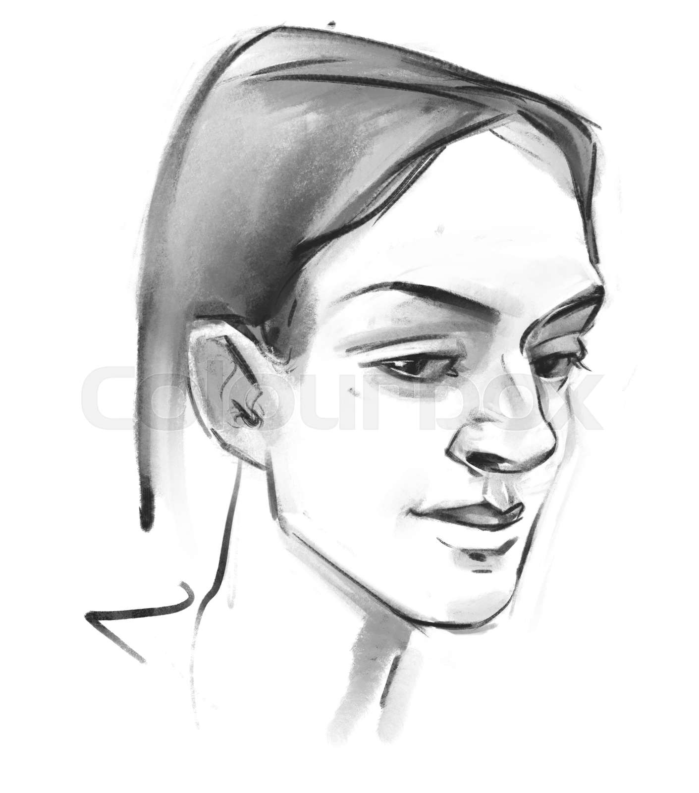 Linear sketch of a portrait of a girl from life. Hand drawing in pencil ...