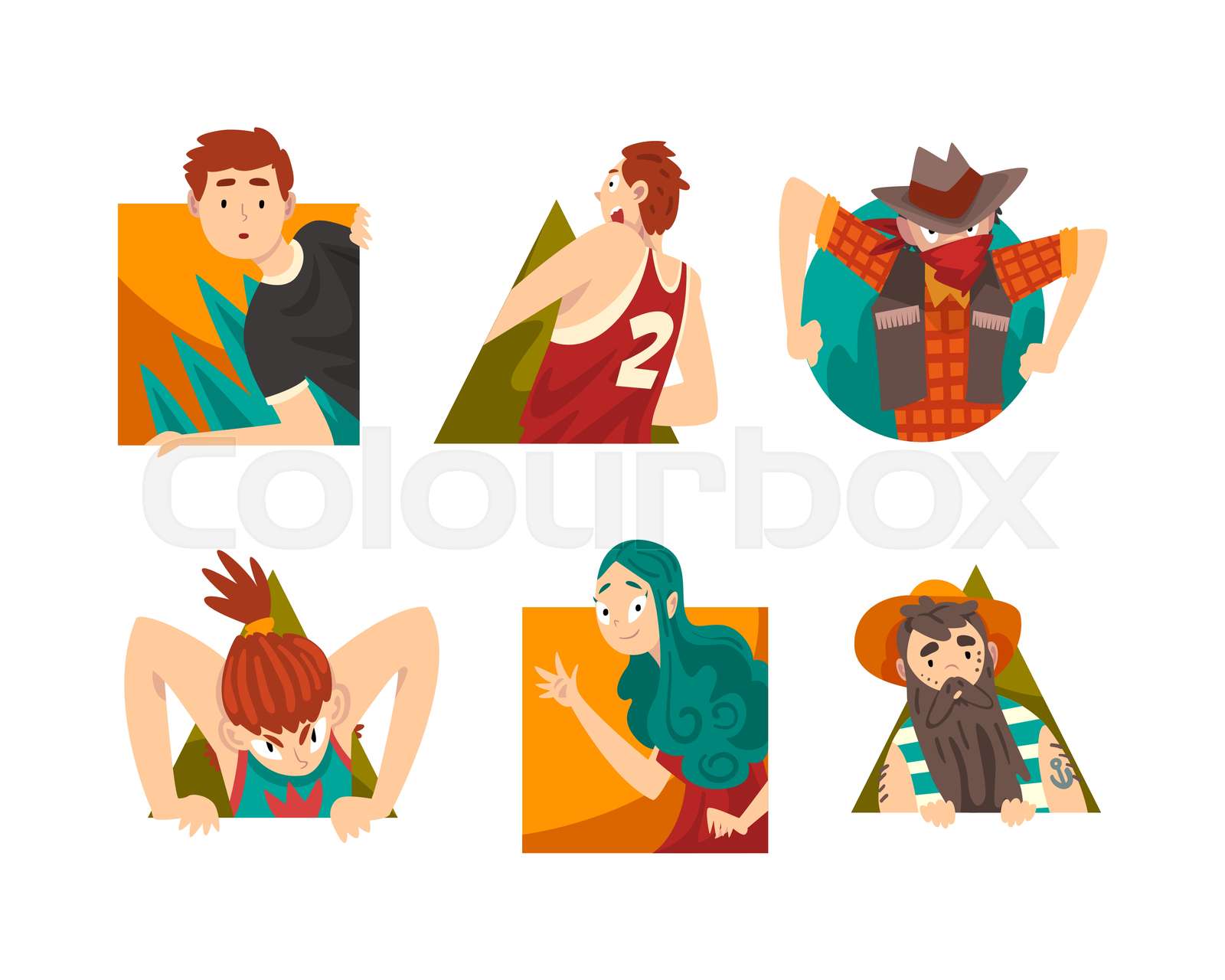 Set of peeping and peeking people. Funny curious young men and women ...