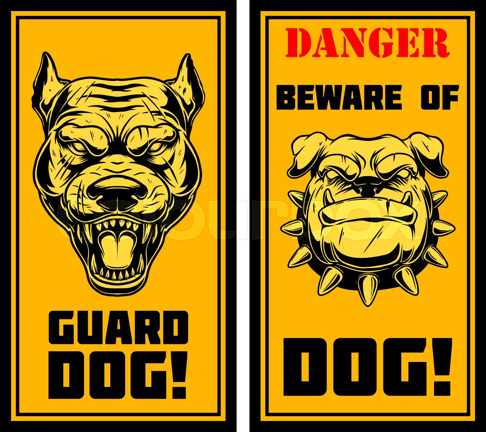 Danger. Guard dog. Beware of the dog. Sign with with angry dog head ...