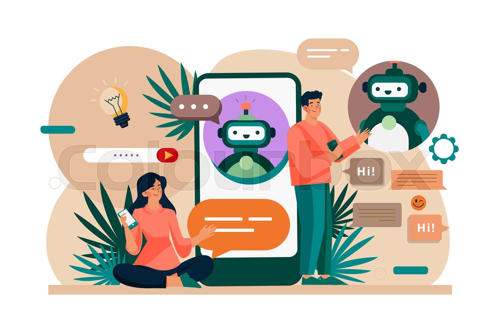 People talk with chatbot robots in smartphone app | Stock vector | Colourbox