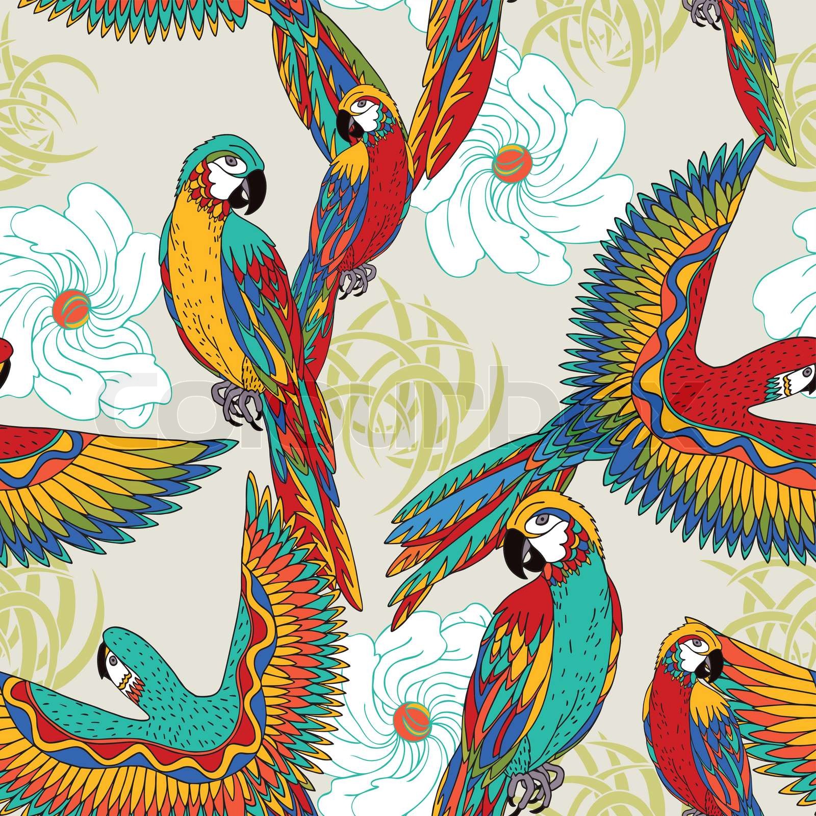 Vintage, colorful background with parrots, theme and exotic beach ...