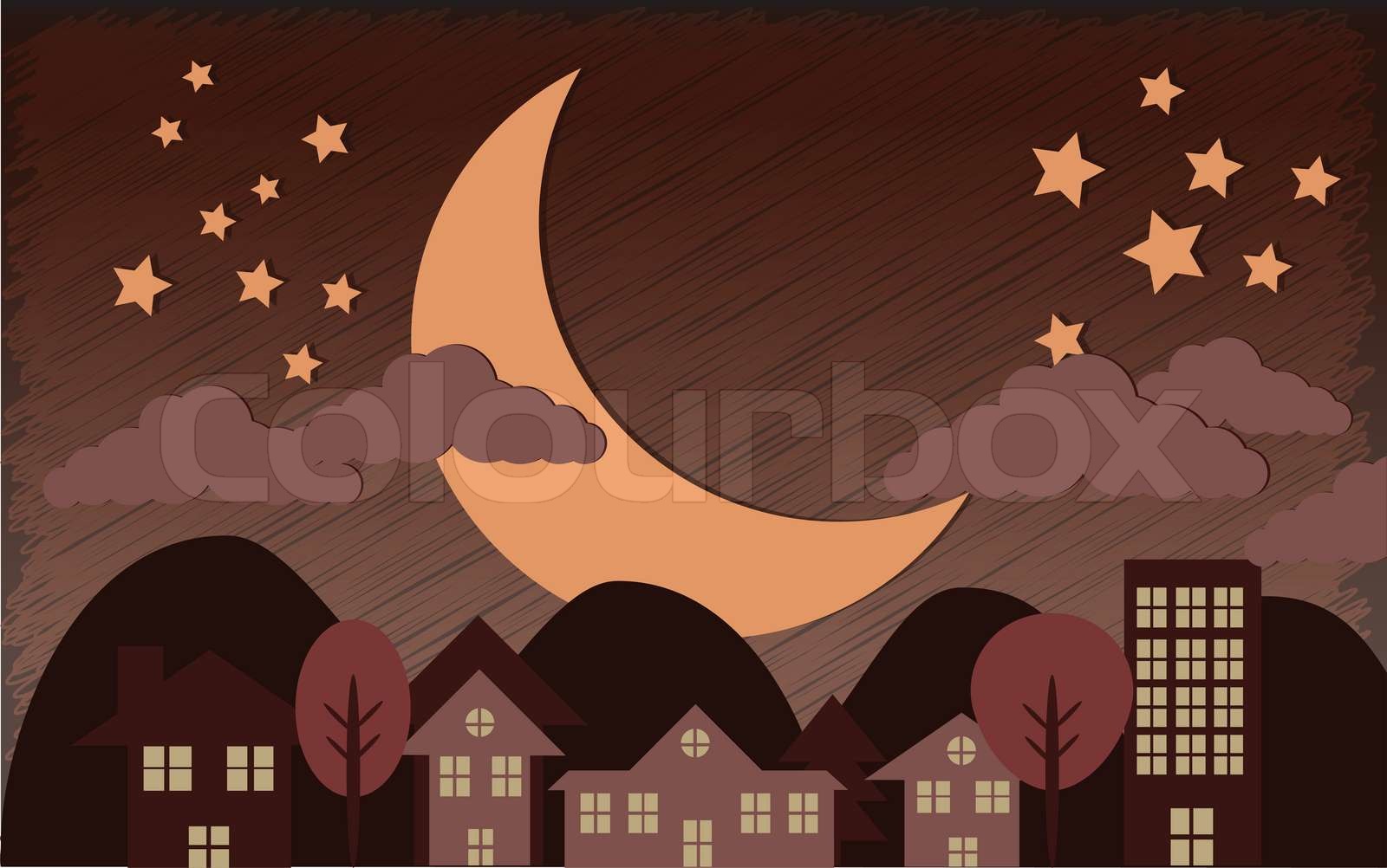 Midnight Town and big moon | Stock vector | Colourbox