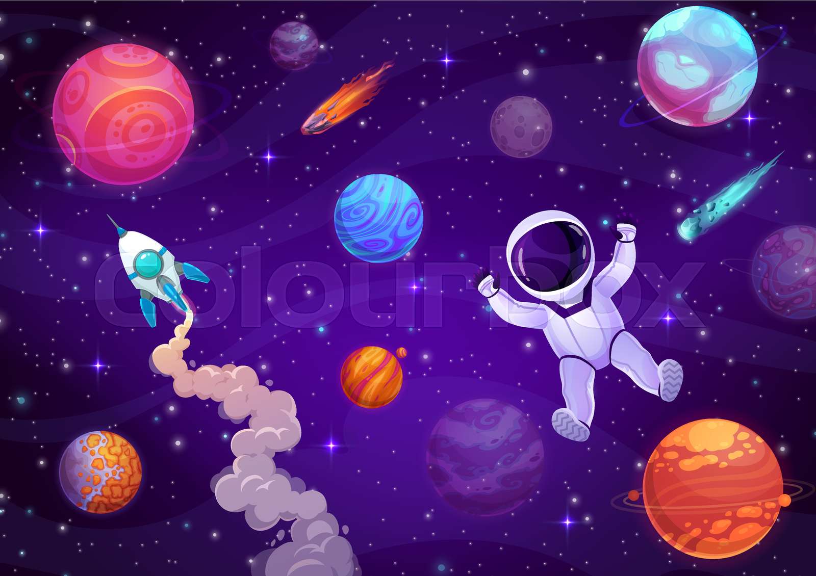 Cartoon astronaut in outer space, galaxy landscape | Stock vector ...