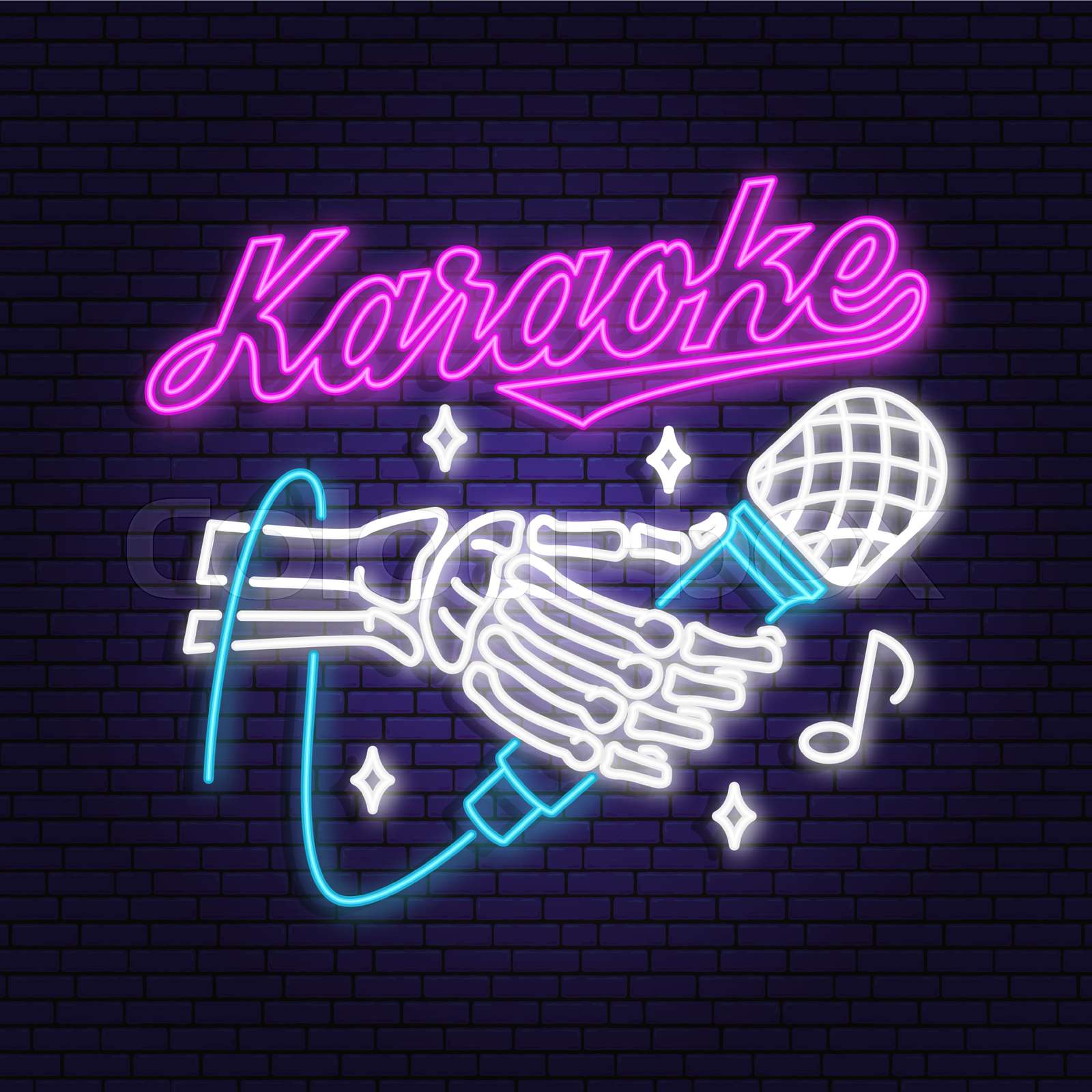 Karaoke neon poster, banner. Neon sign, emblem, bright signboard, light ...