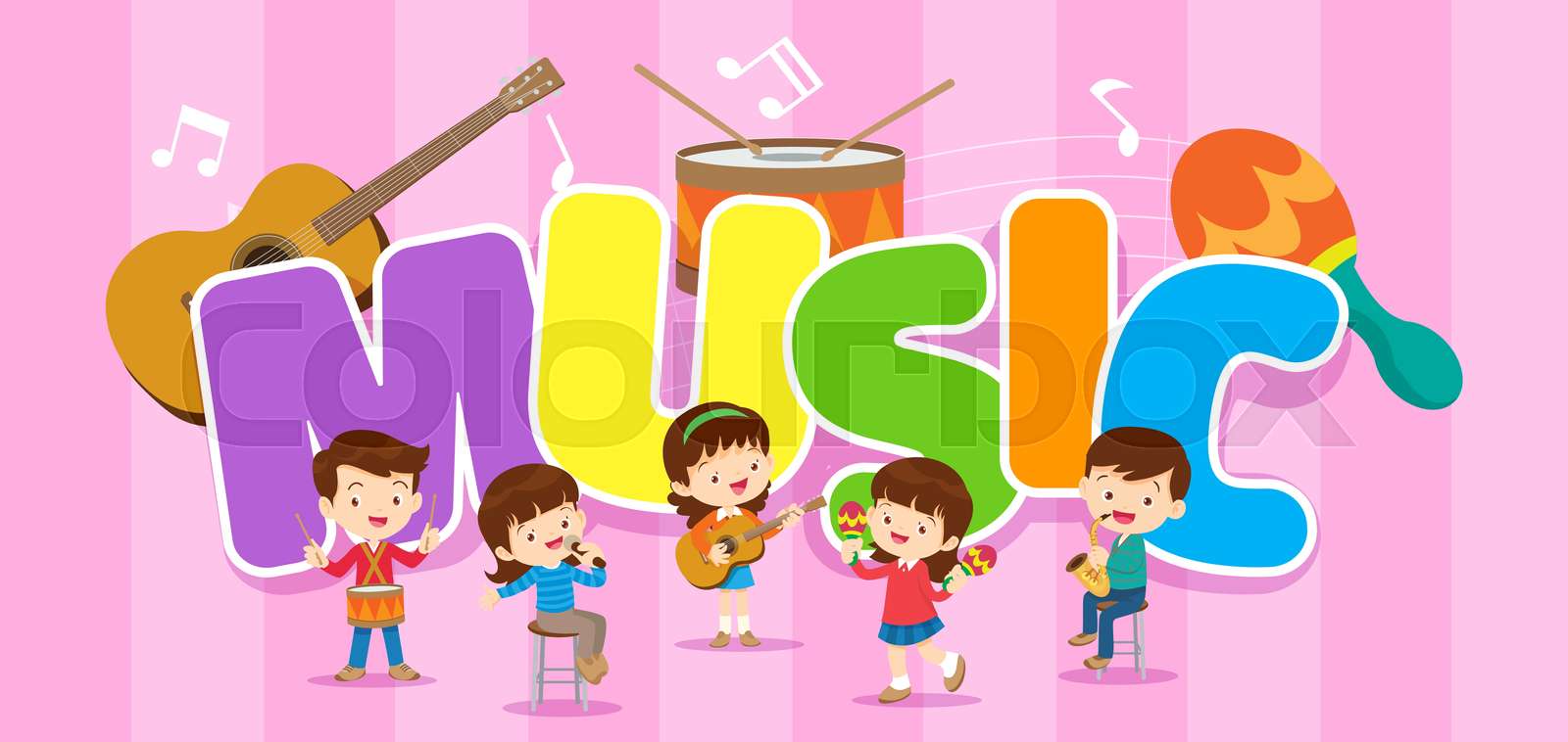 Play music concept of children group.Cartoon dancing kids and kids with ...