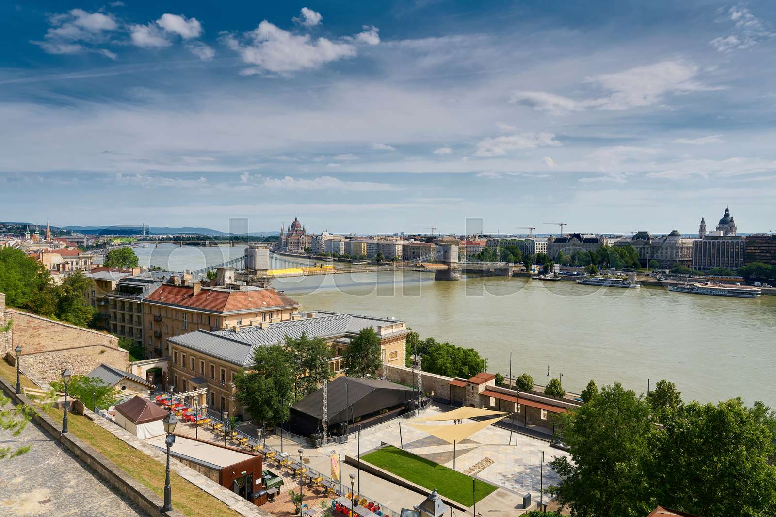 View from Buda district to Pest in Budapest. The Chain Bridge connects ...