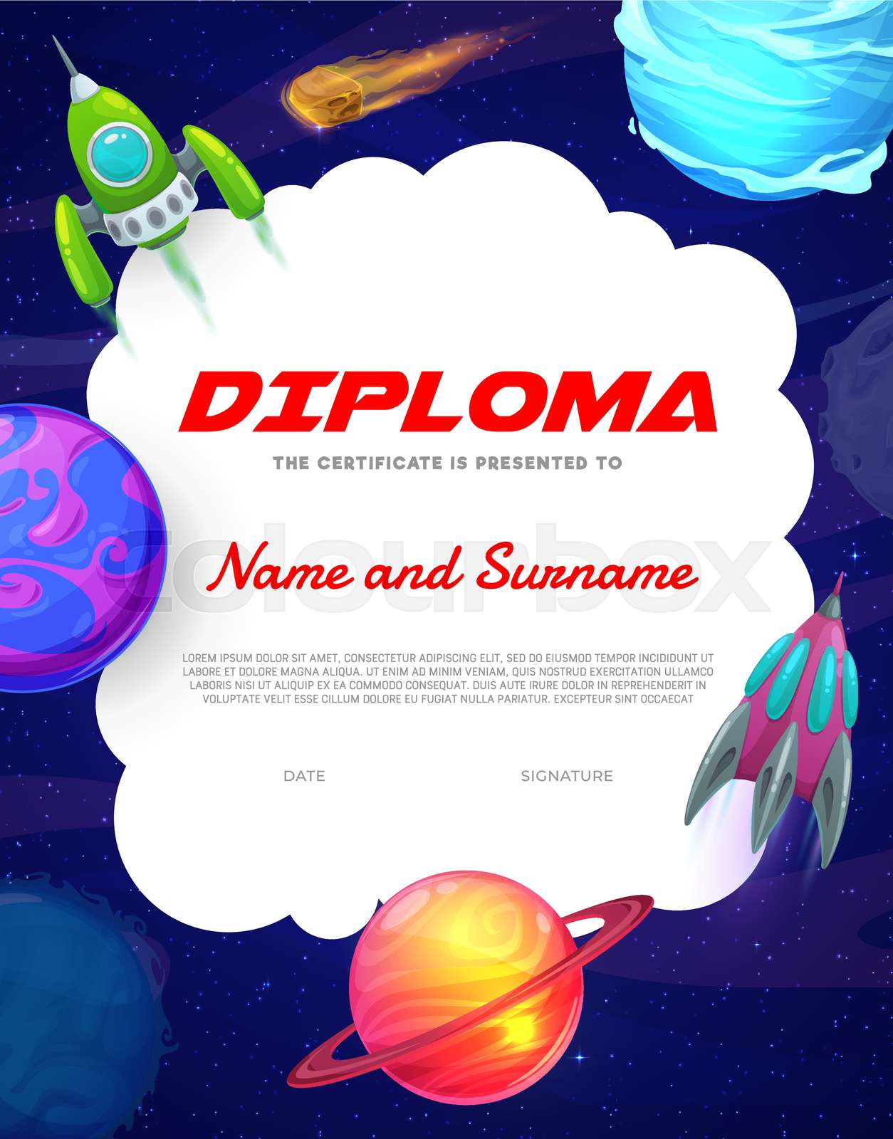 Kids astronaut diploma with cartoon galaxy planets | Stock vector ...