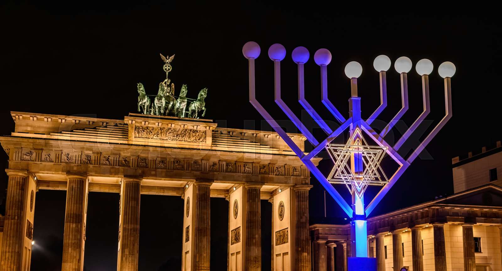 Brandenburg Gate and lightning Jewish menorah | Stock image | Colourbox