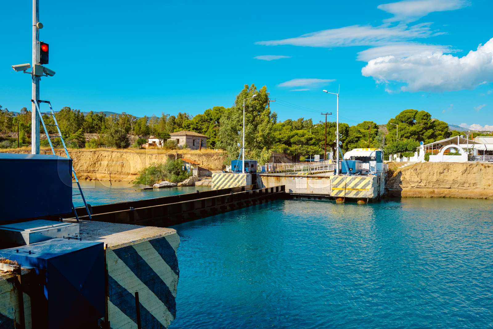 submersible bridge at the entrance to the Corinth Canal | Stock image ...