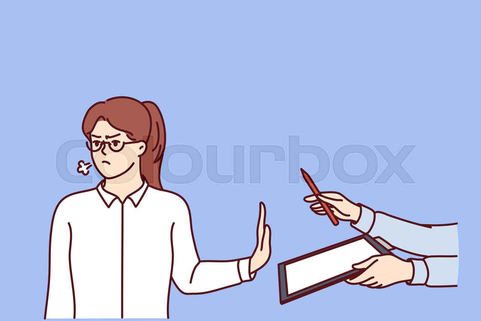 Angry woman making stop gesture suspending business deal and refusing ...