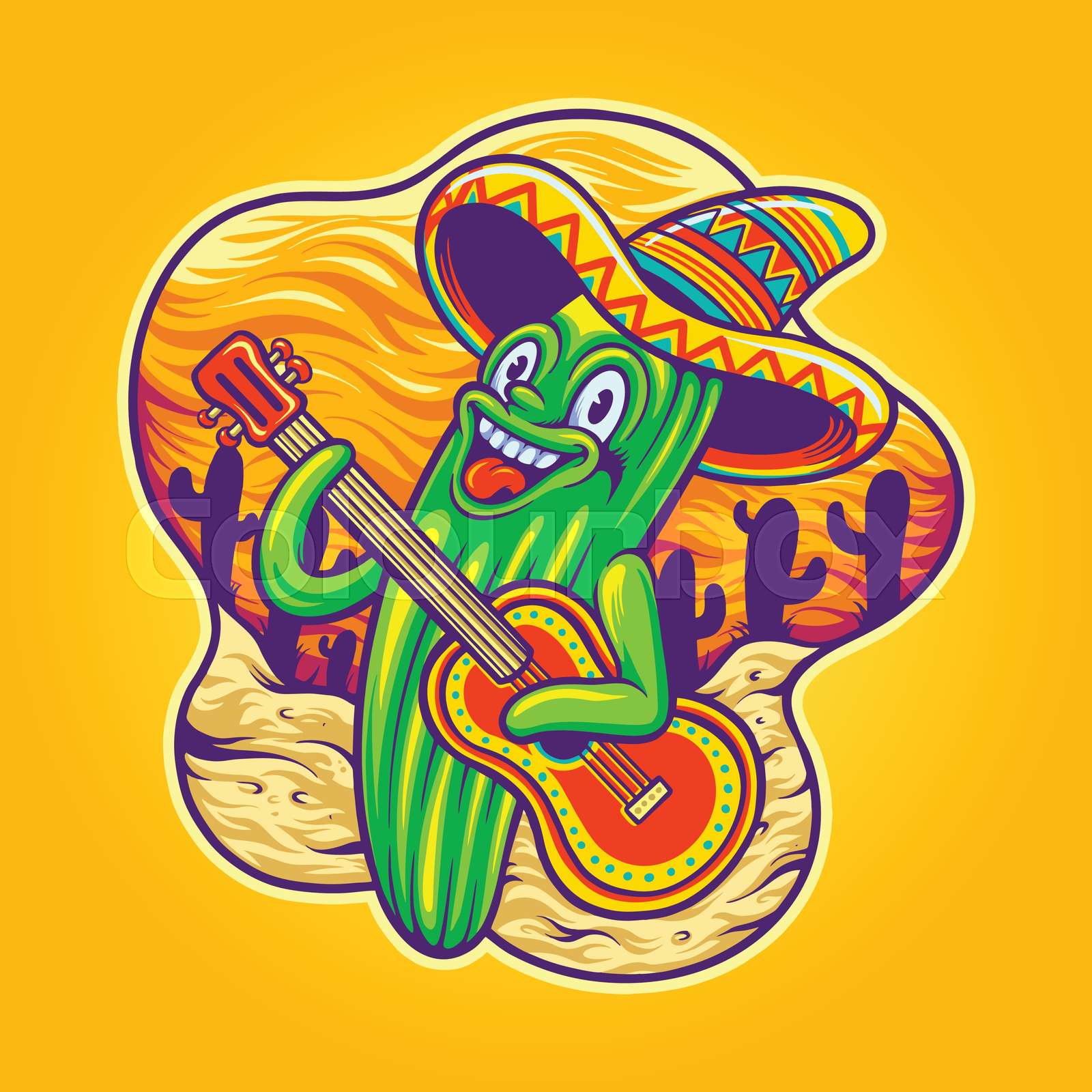 Cute cactus cinco de mayo mexican guitar logo cartoon illustrations ...