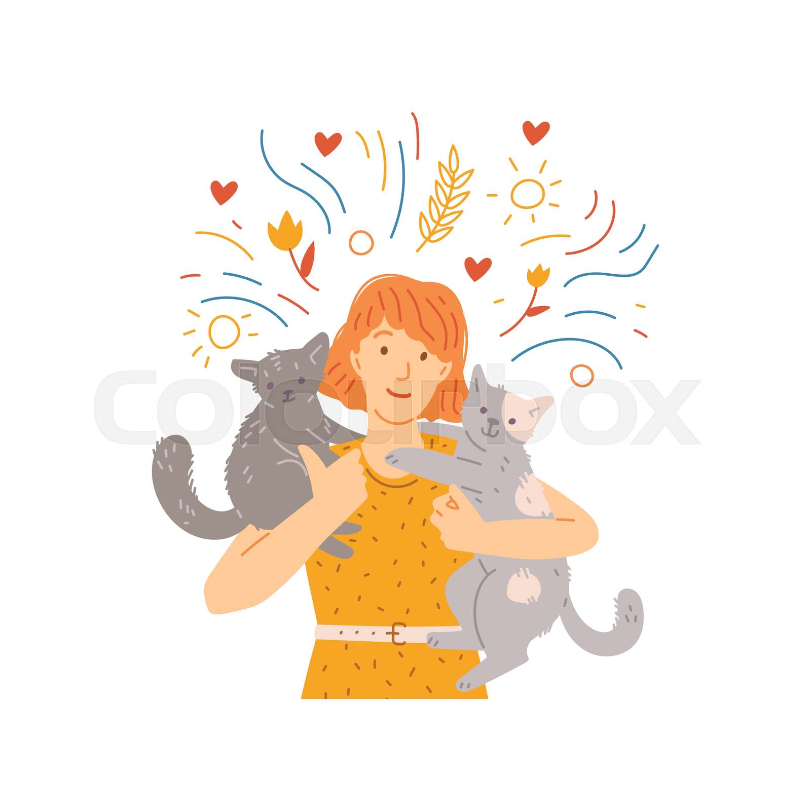 Cute charming kind woman and her cats flat cartoon vector illustration ...