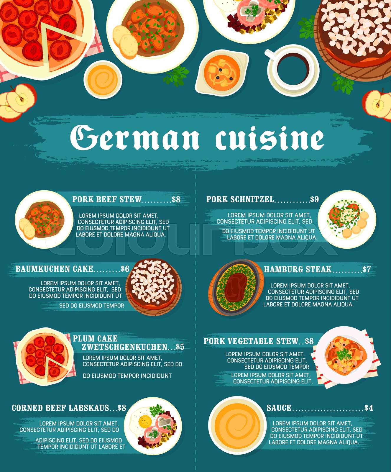 German cuisine restaurant food menu vector page | Stock vector | Colourbox