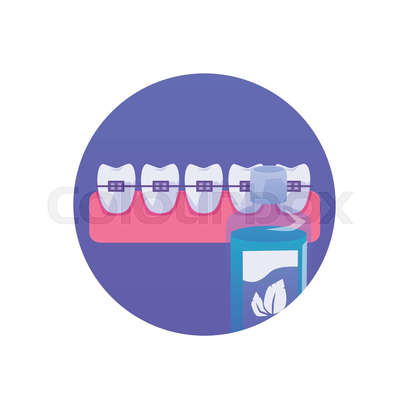 Dental braces care, round icon with teeth and mouthwash - flat vector ...