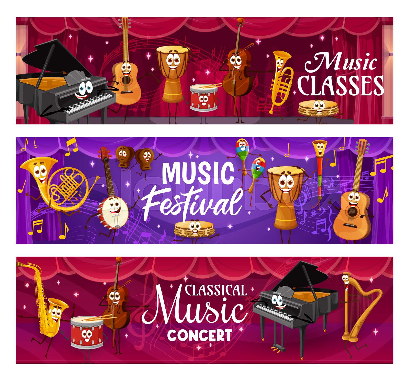 Cartoon musical instrument characters banners | Stock vector | Colourbox