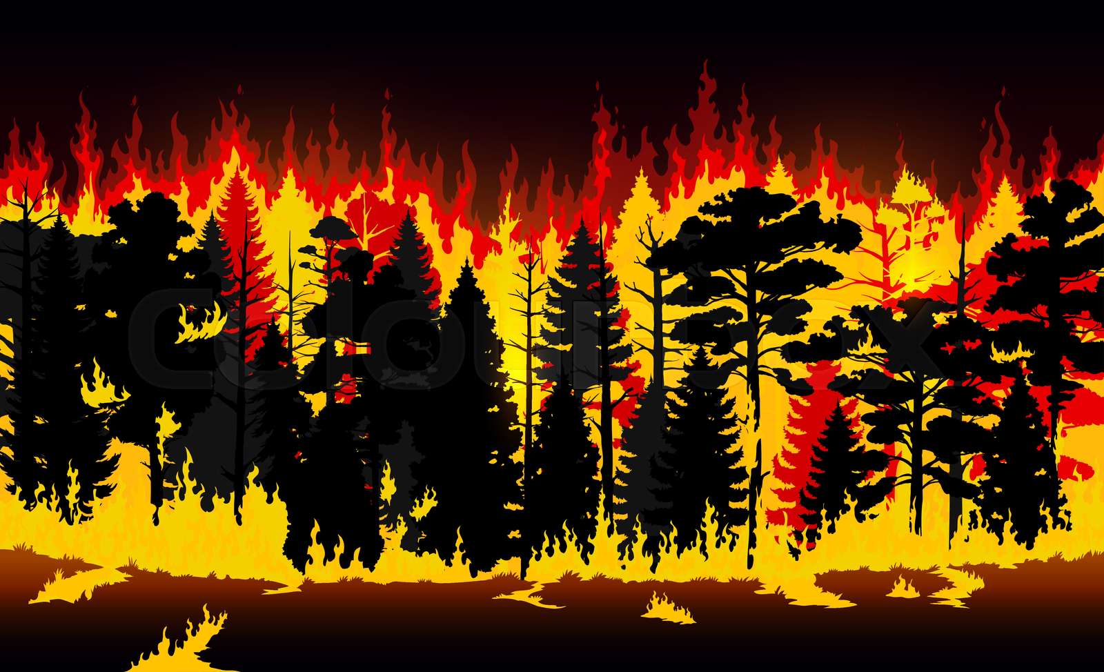 Forest fire, burning trees and grass, wildfire | Stock vector | Colourbox