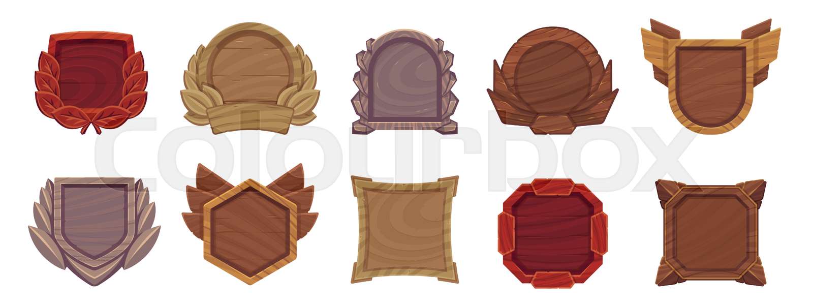 Wooden game level frame. Medieval wood avatar border, rating badges ...