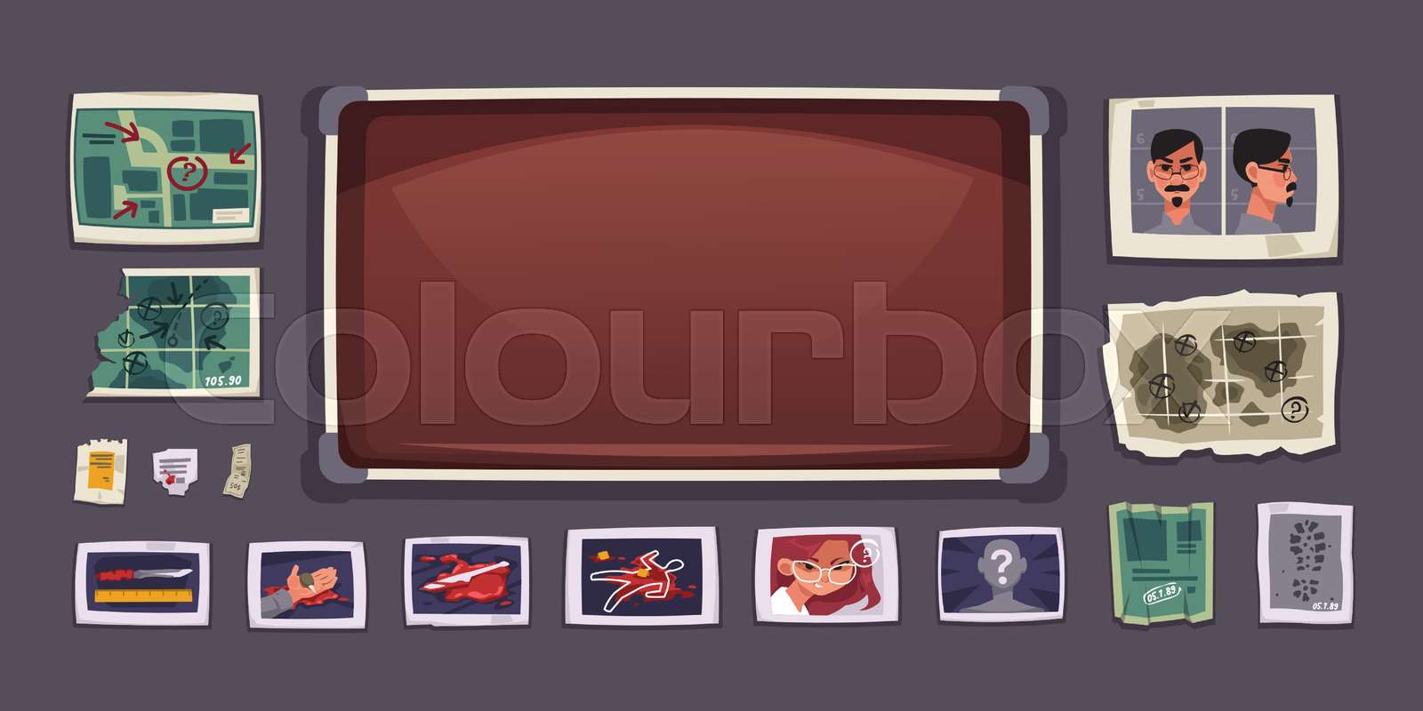 Investigation board set. Police workplace with evidence, detective ...