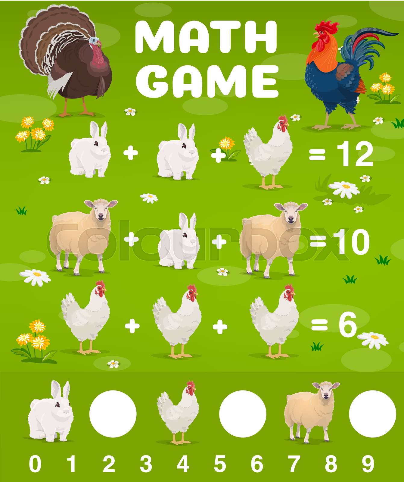 Cartoon farm animals math game worksheet task | Stock vector | Colourbox