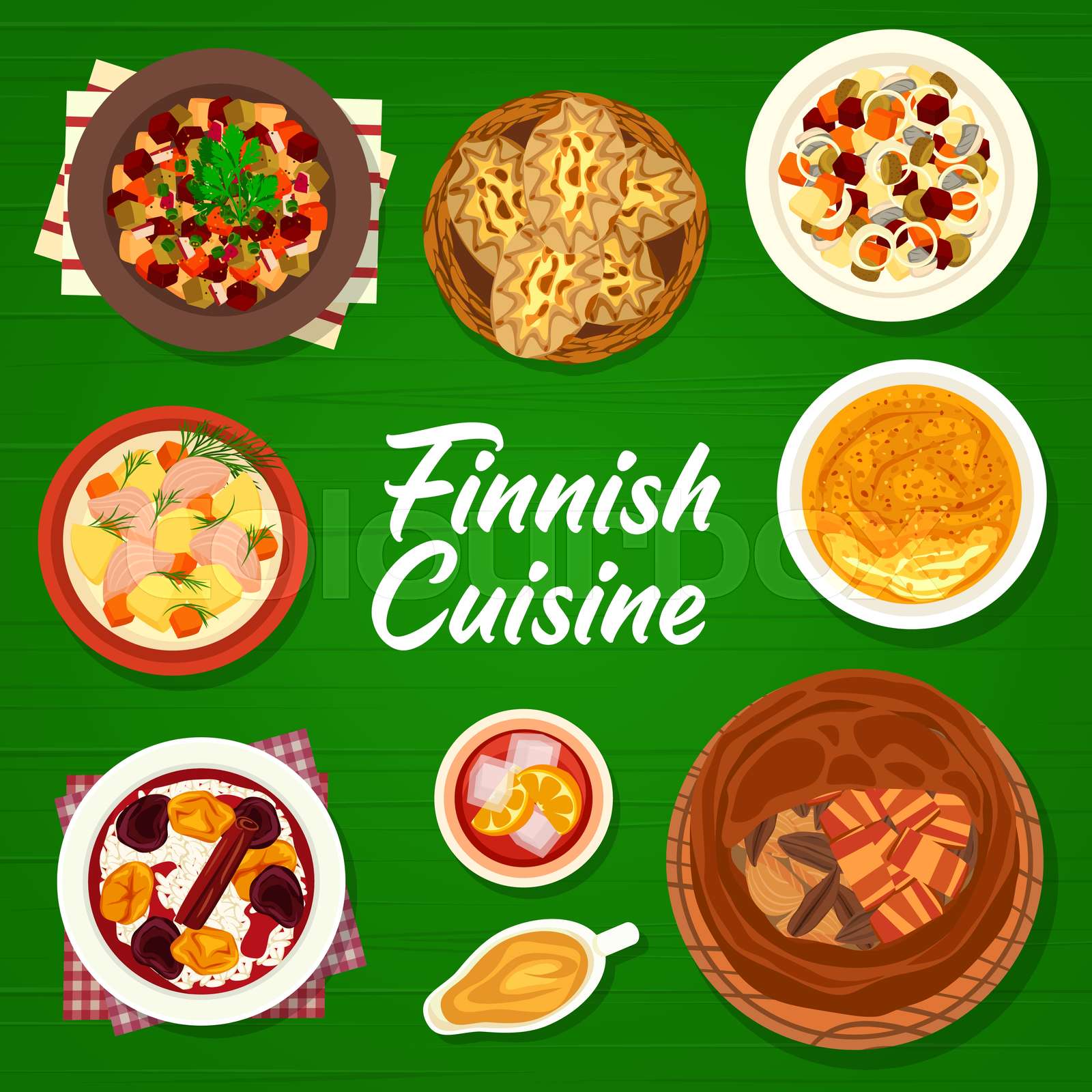 Finnish cuisine restaurant meals menu cover page | Stock vector | Colourbox