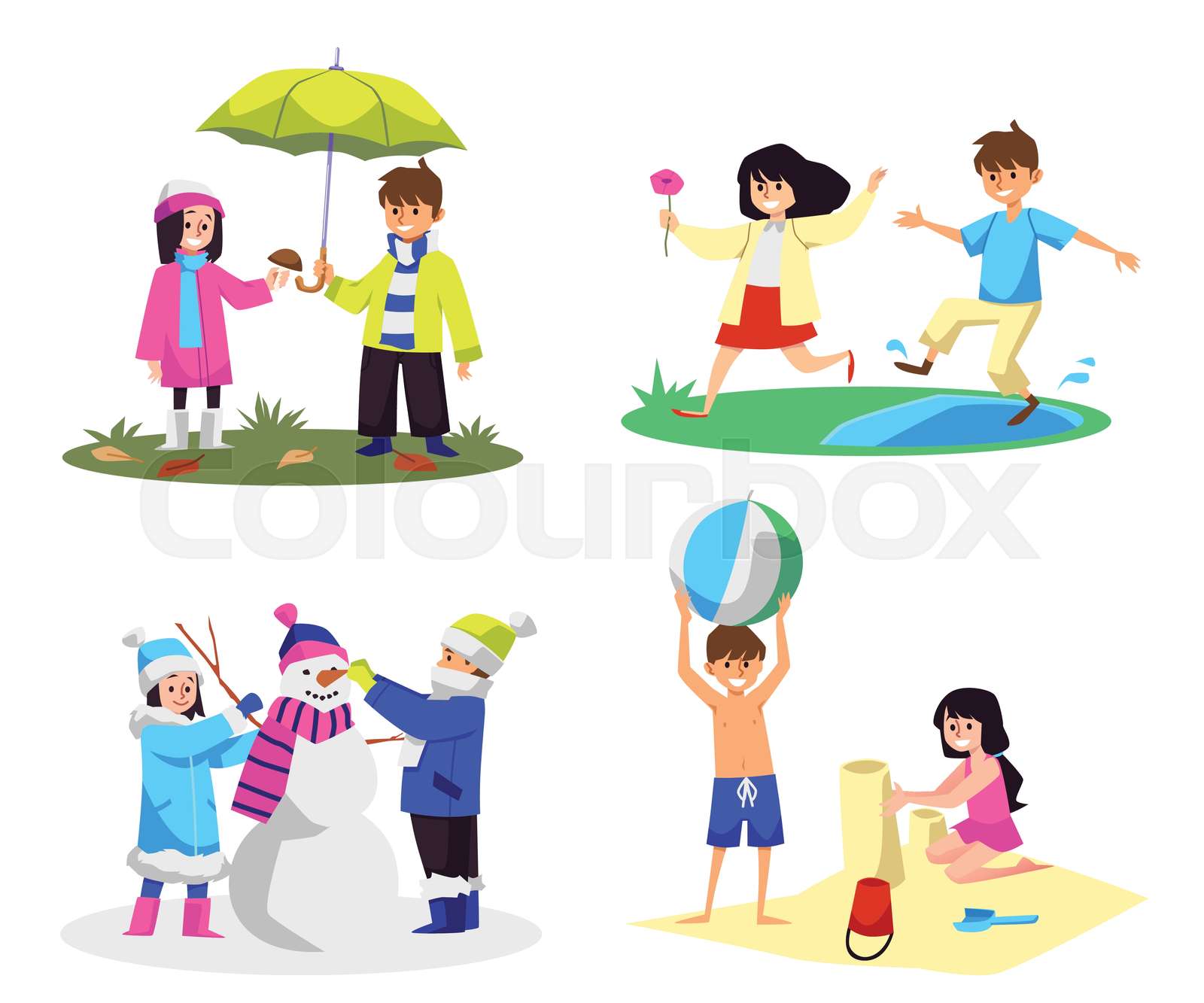 Four season scenes with children in seasonal clothes, flat vector ...