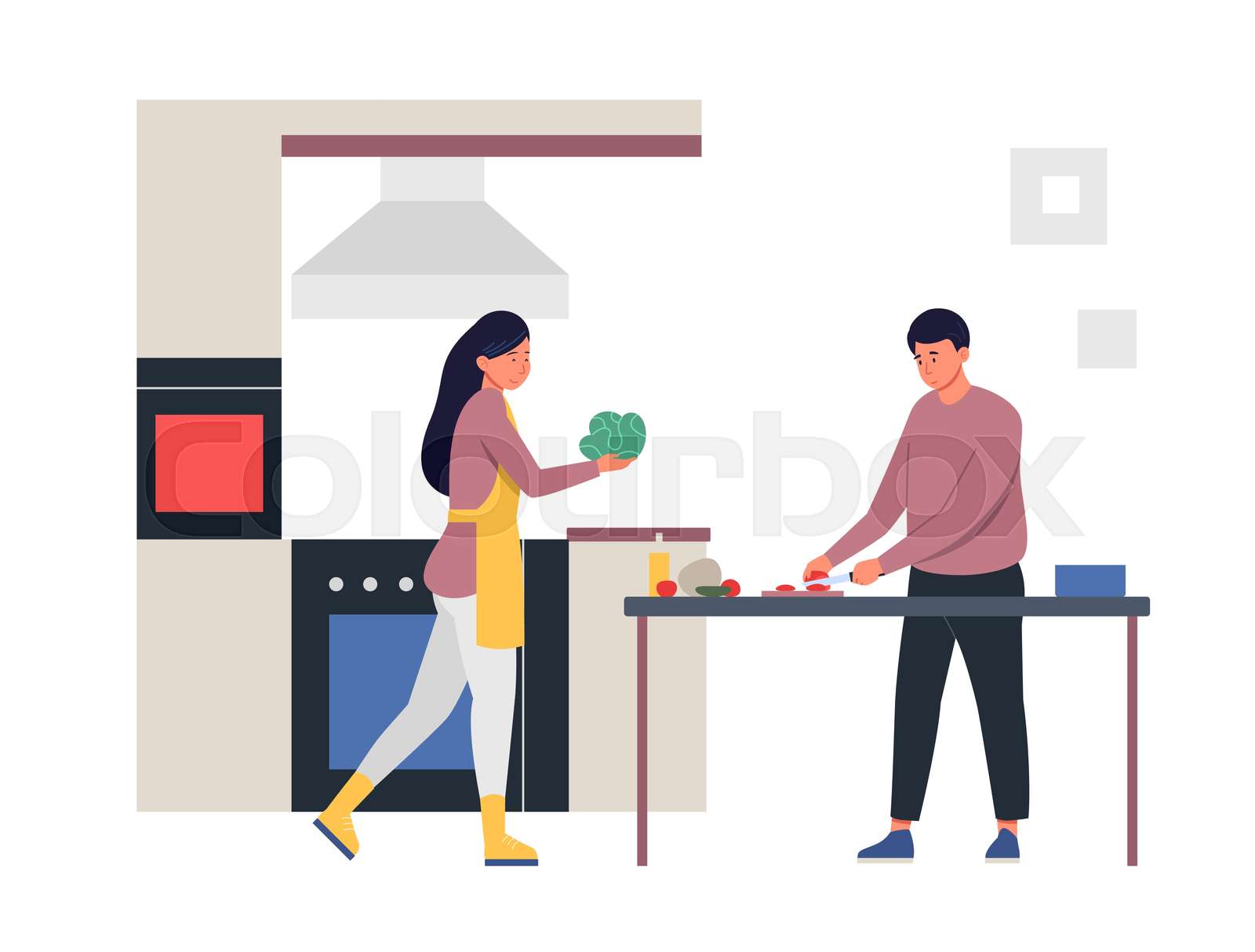 Cartoon characters cooking together happy couple at kitchen | Stock ...