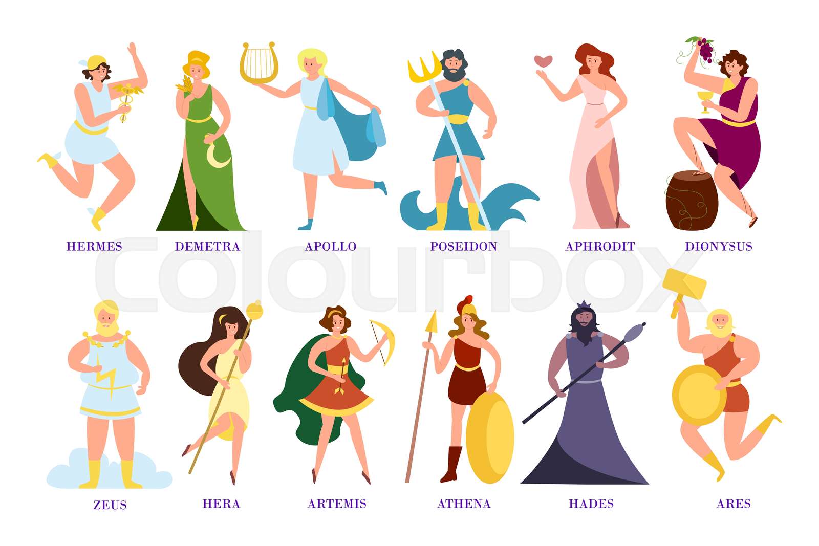 Ancient Greek gods and goddesses cartoon illustration collection ...