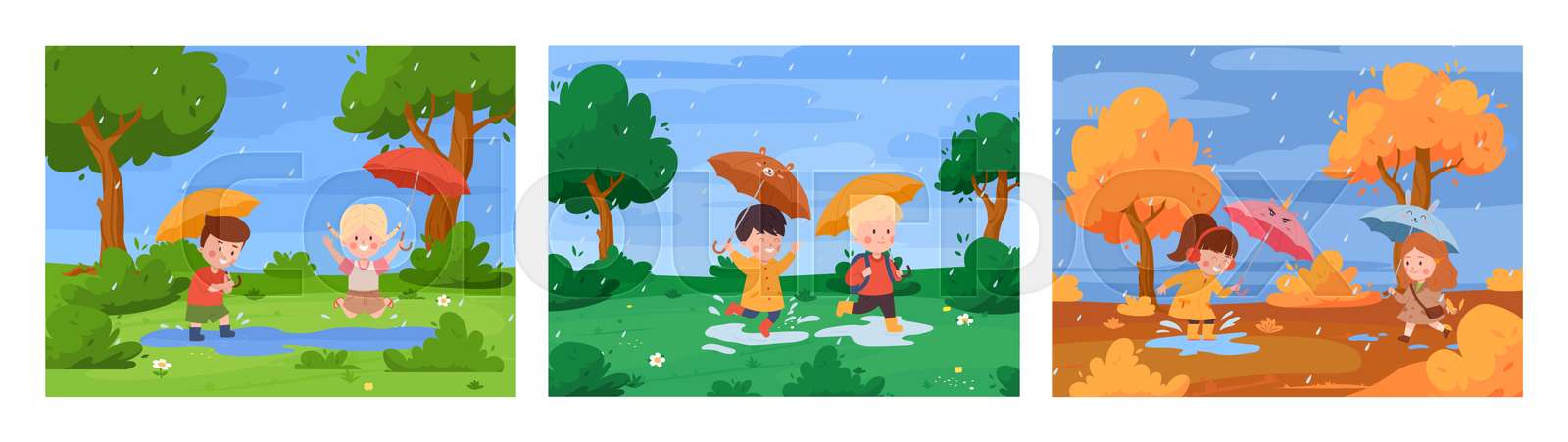 Happy kids holding umbrella under rain, different seasons - cartoon ...