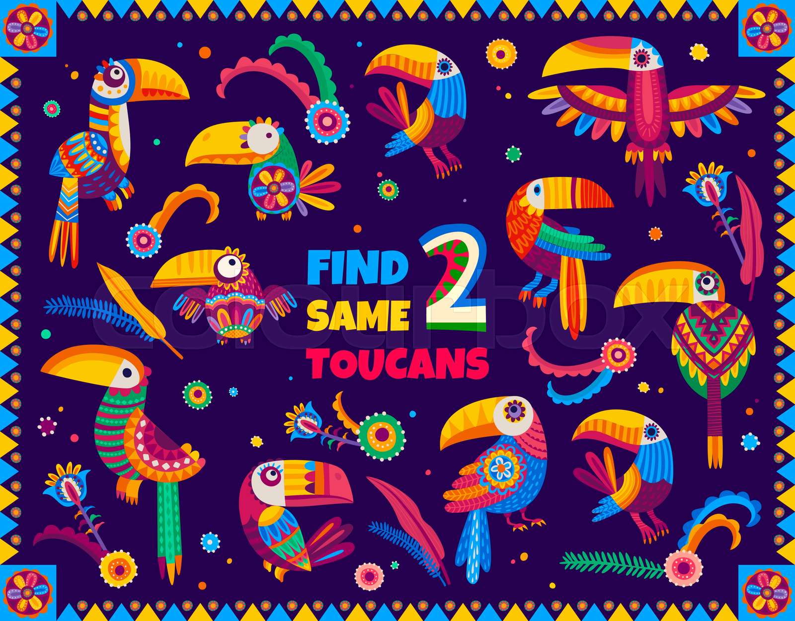 Find two same Mexican toucan birds, kids game | Stock vector | Colourbox Find two same Mexican toucan birds, kids game | Stock vector | Colourbox