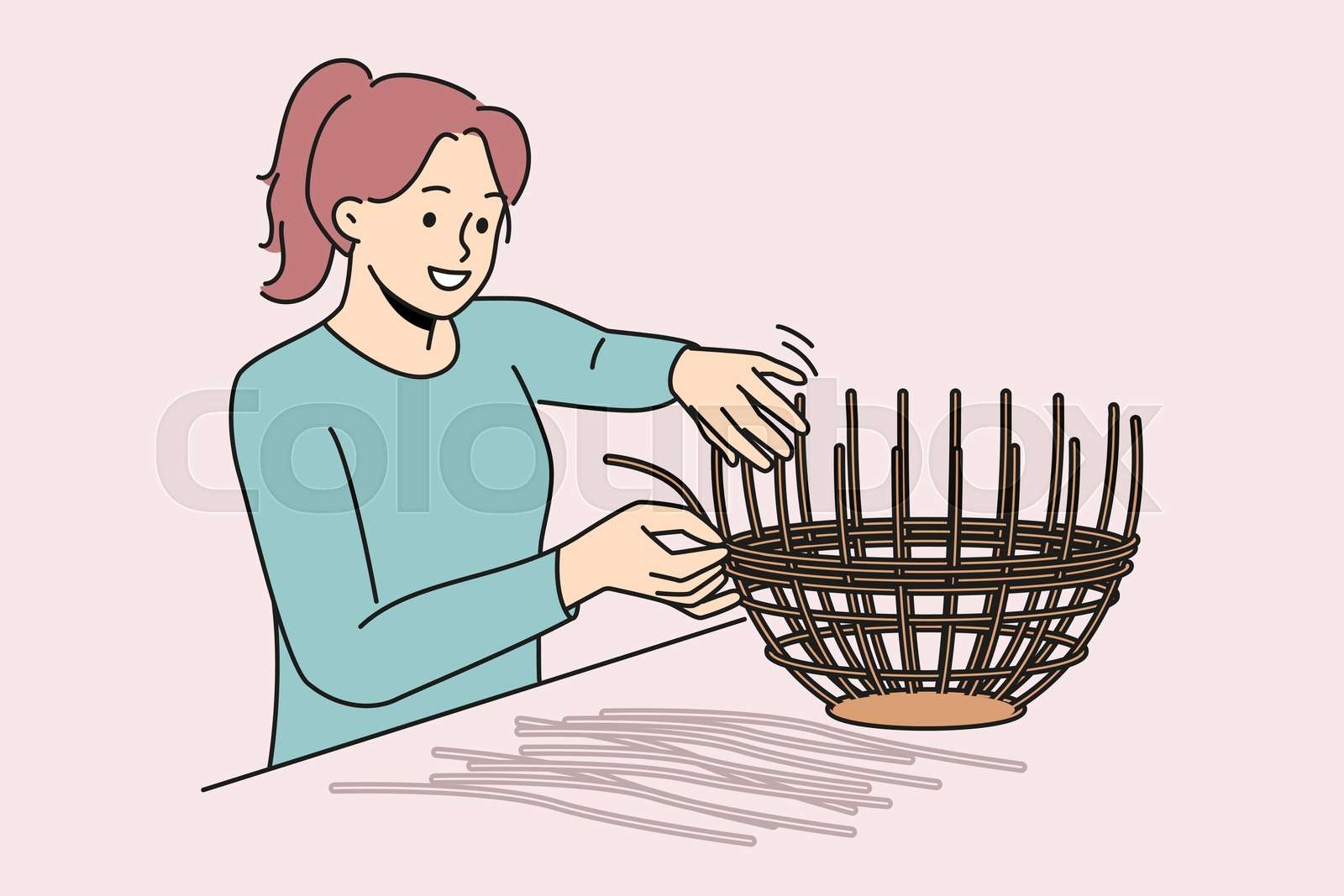 Smiling woman weaving basket from wicker | Stock vector | Colourbox