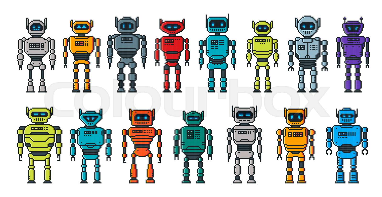 Pixel robot characters, cartoon android cyborgs | Stock vector | Colourbox