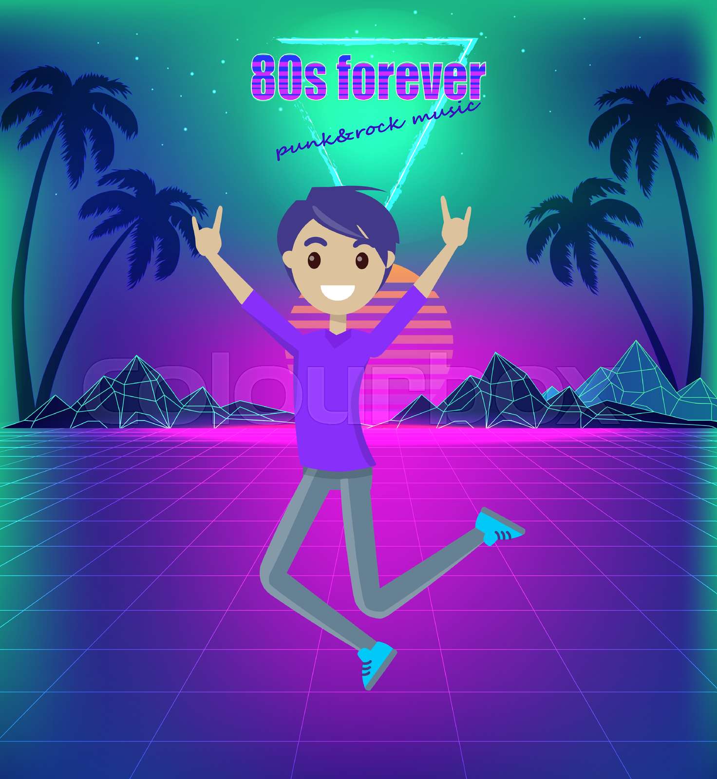 Forever young, retro poster with fappy man joyfully jumping and palms ...
