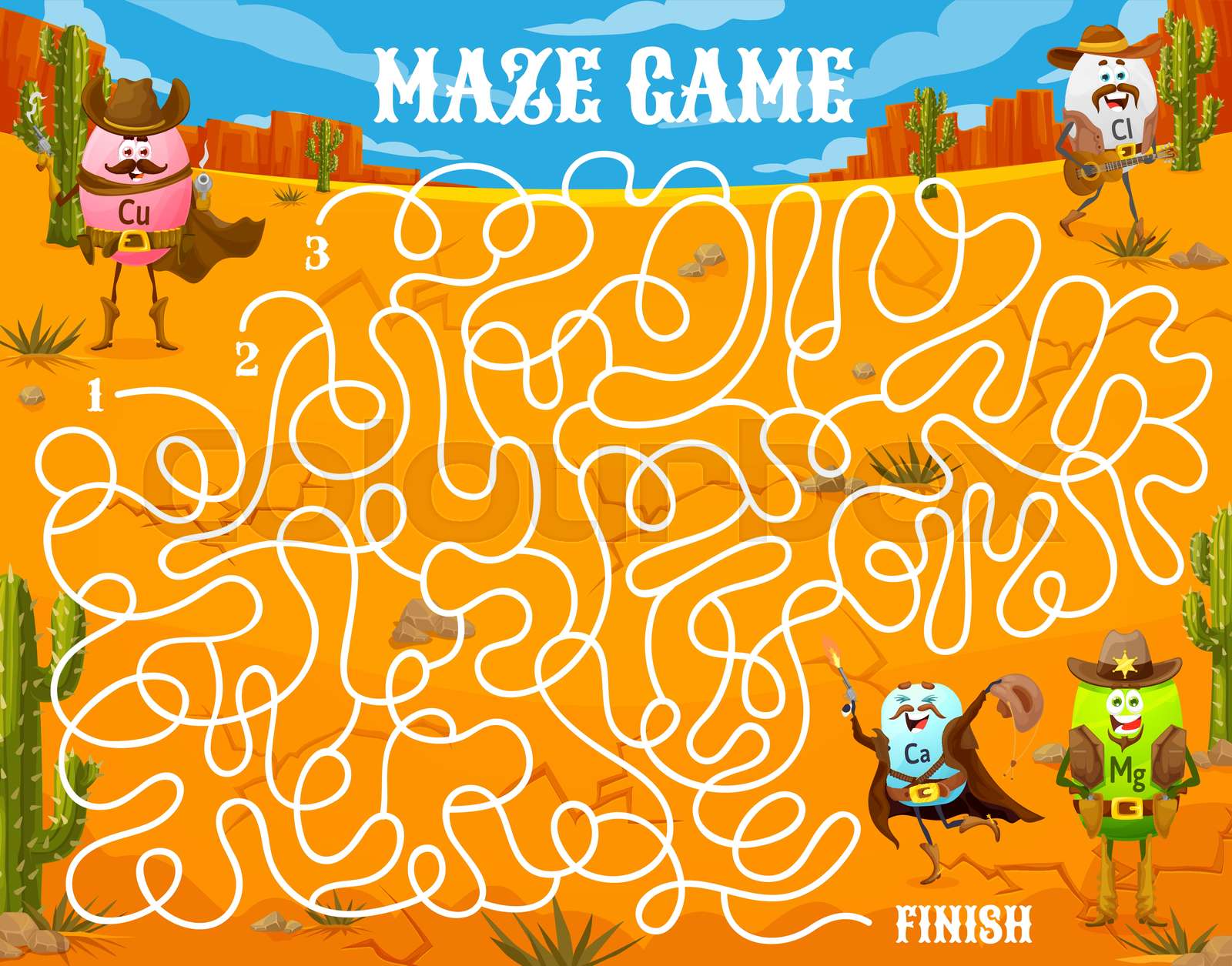 Labyrinth maze with cowboy vitamin cute characters | Stock vector | Colourbox