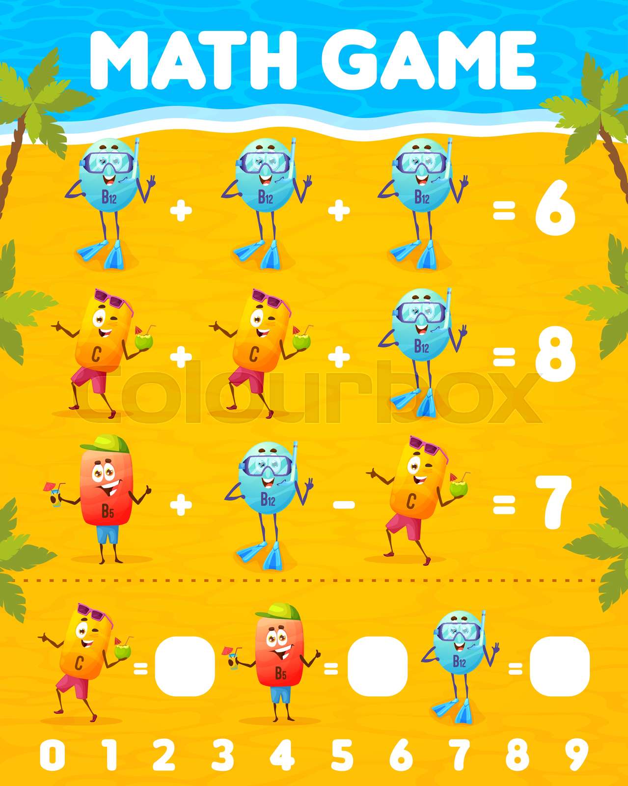 Math Game with vitamin characters on summer beach | Stock vector ...