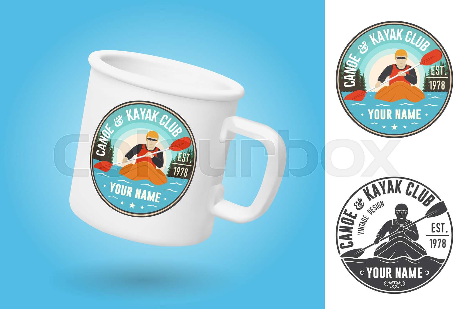 White camping cup. Realistic mug mockup template with sample design ...