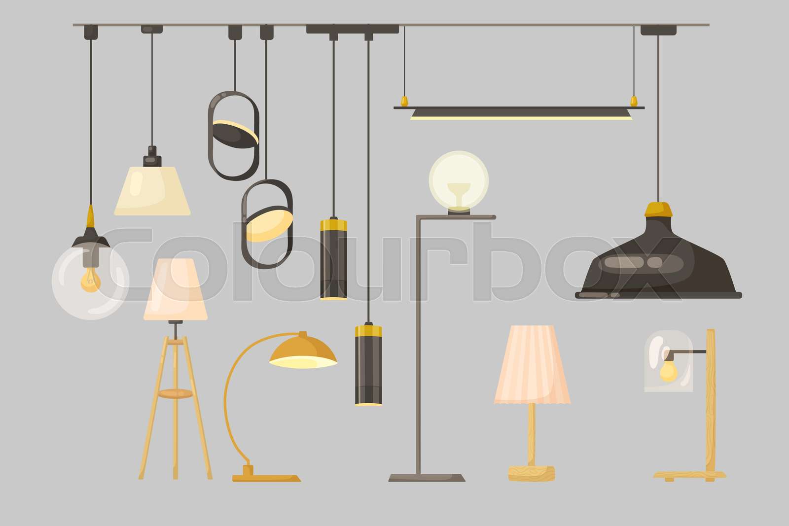 Pendant lamps and light fixtures and cartoon illustration set | Stock ...
