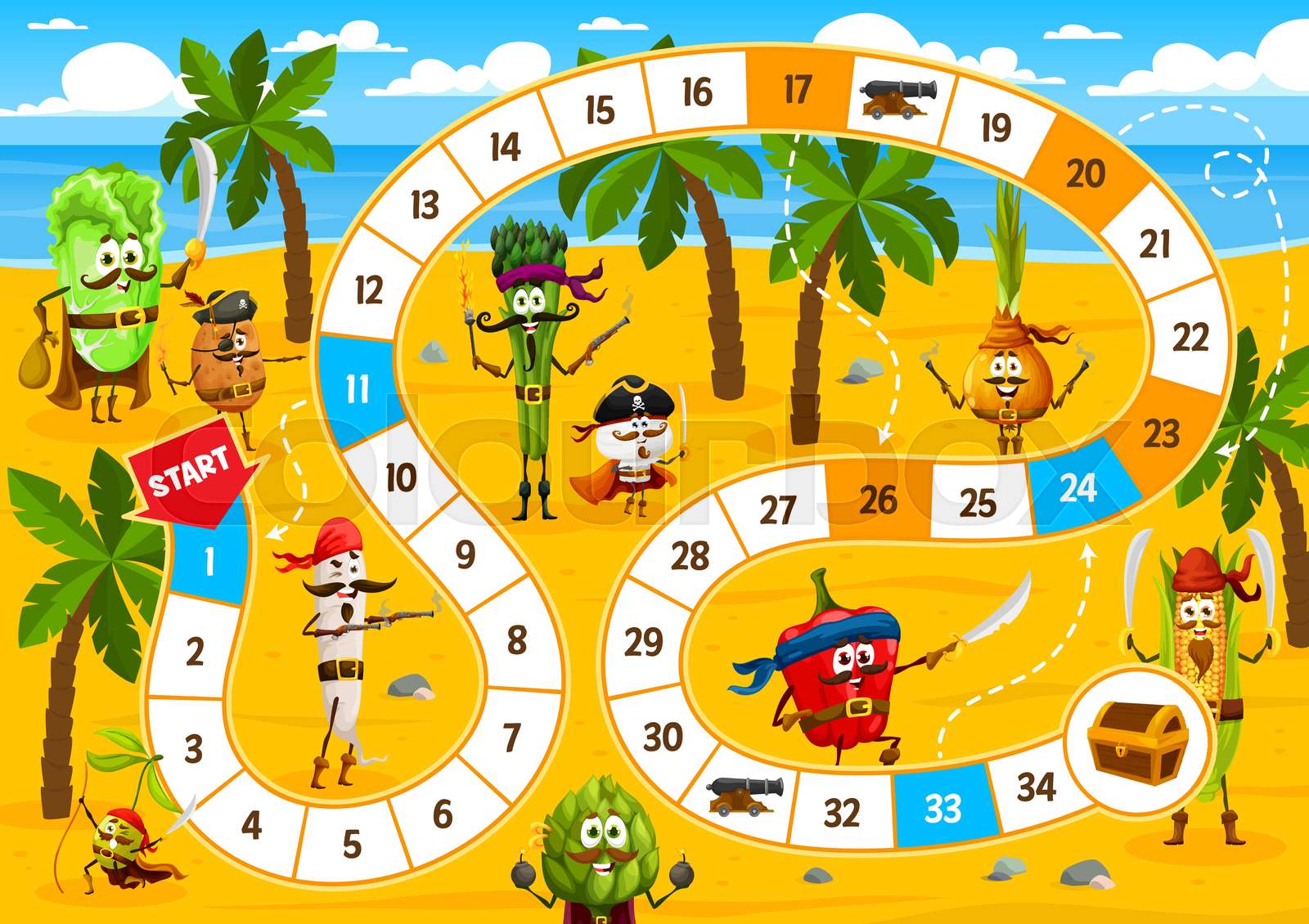 Board step game, cartoon vegetable pirates island | Stock vector ...