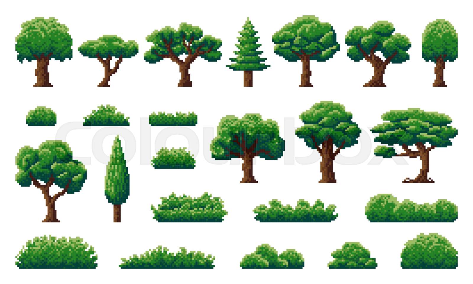 Pixel forest and jungle trees, shrub, grass plants | Stock vector ...