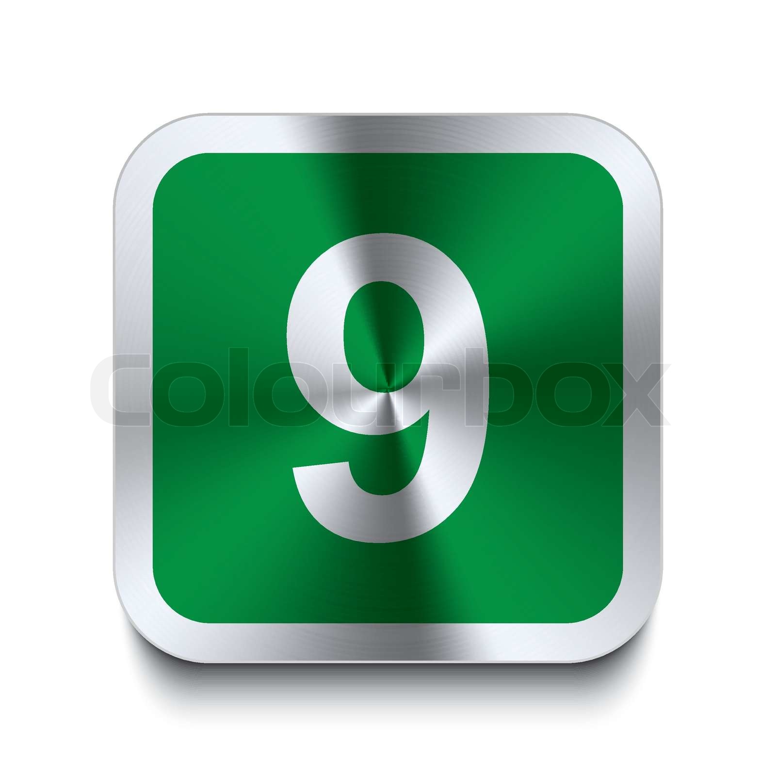 Square metal button - green number - 9 | Stock vector | Colourbox