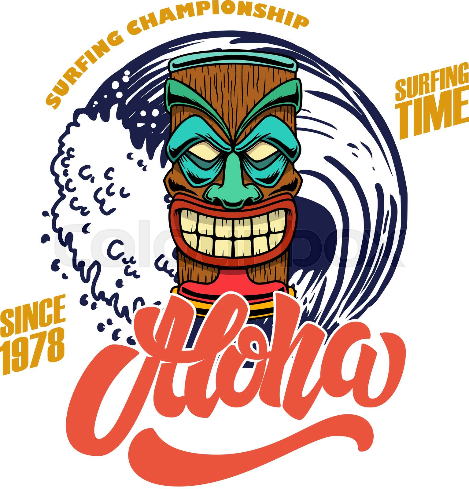 Aloha. Surfing championship. Emblem template with tiki idol. Design ...